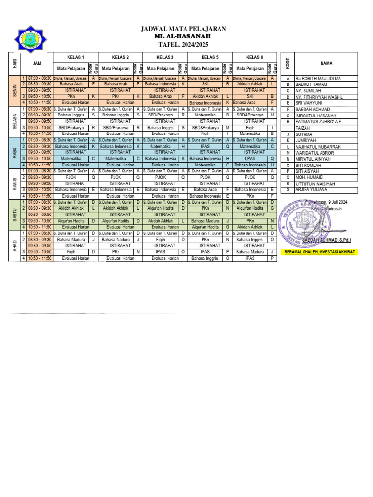 Jadwal Mi Alhasanah Tapel 2024-2025 | PDF