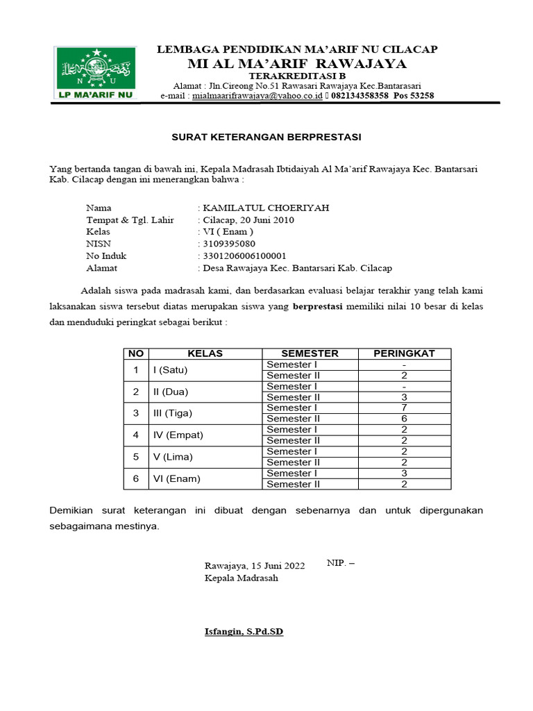 Surat Keterangan Prestasi | PDF