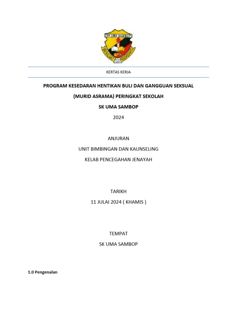 Kertas Kerja Program Buli Dan Gangguan Seksual 2024 | PDF