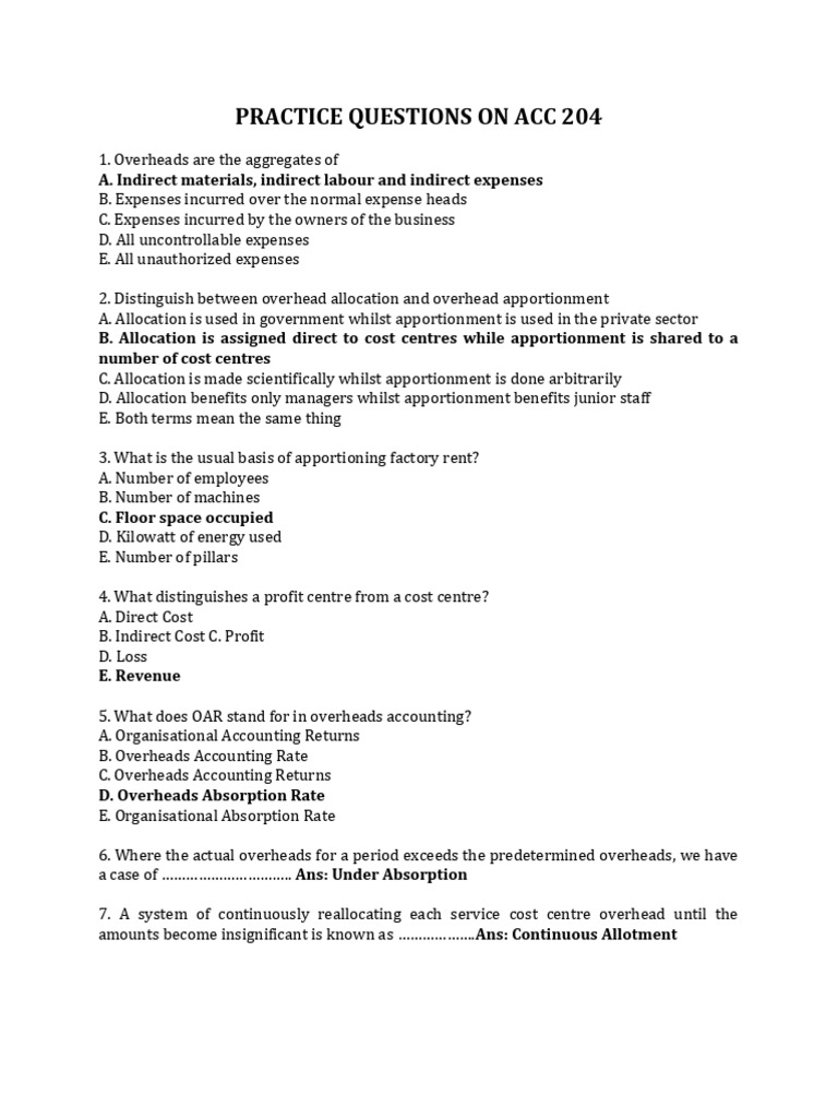 ACC 204 Practice Questions Guide | PDF | Economies | Financial Accounting