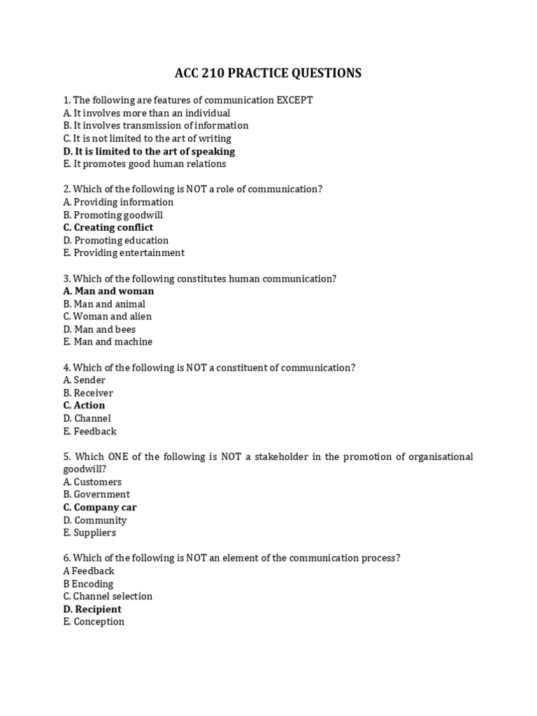 Acc 210 Practice Questions | PDF | Communication | Nonverbal Communication