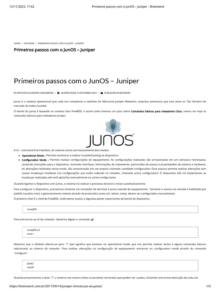 Primeiros Passos Com o JunOS - Juniper - Brainwork | PDF | Roteador (informática) | Ciência da ...