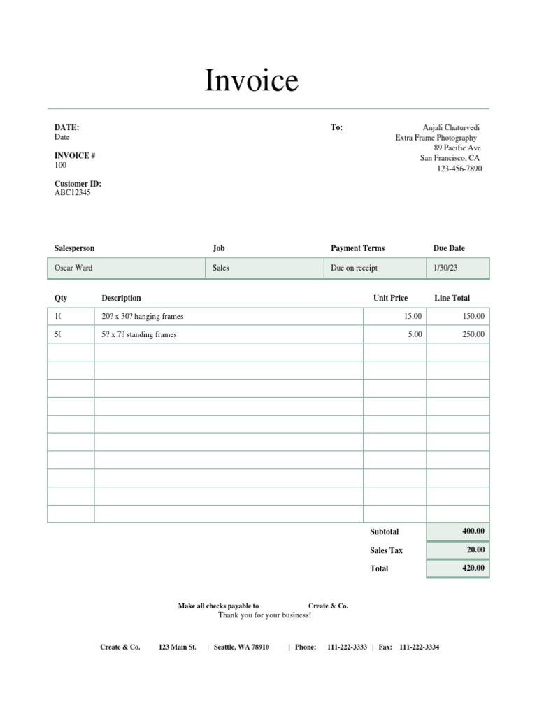 Invoice for Extra Frame Photography | PDF
