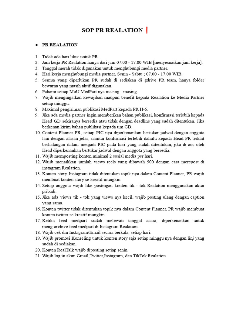 Sop PR Realation | PDF | Karier & Perkembangan
