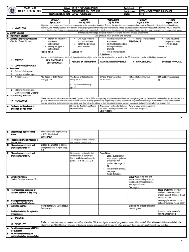 DLL Epp6-Entrep Q1 W1 | PDF | Educational Technology | Learning
