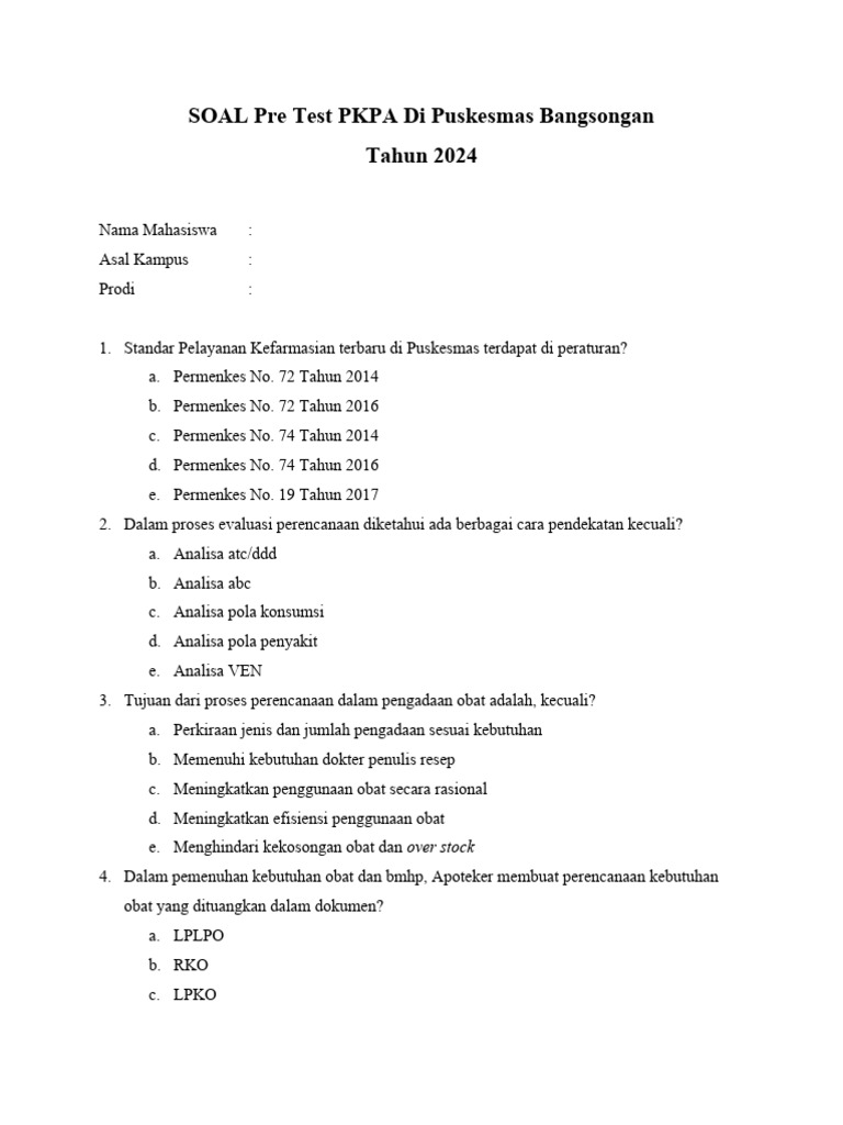 SOAL Pre Test PKPA Di Puskesmas | PDF