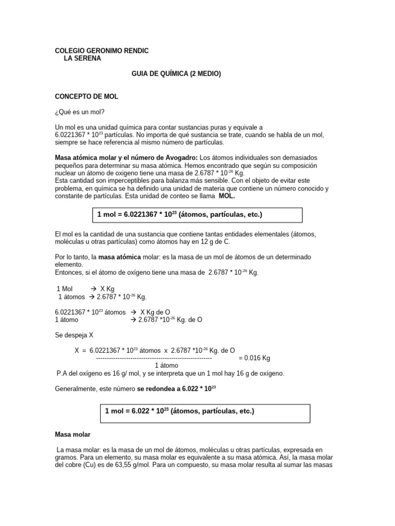 Guia de ejercicios de mol masa volumen y particulas | PDF | Mole (Unidad) | Moléculas