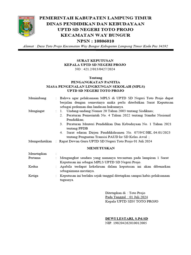 SK PANITIA MPLS P 2024-2025 | PDF