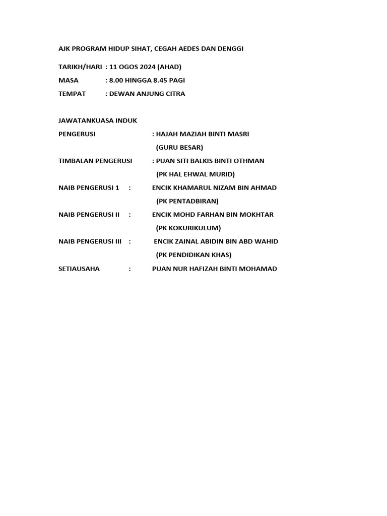 Ajk Program Hidup Sihat Cegah Aedes Dan Denggi | PDF