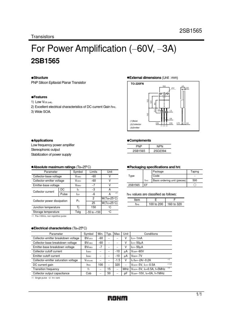 PNP Transistor 2SB1565 Specs & Features | PDF | Bipolar Junction ...