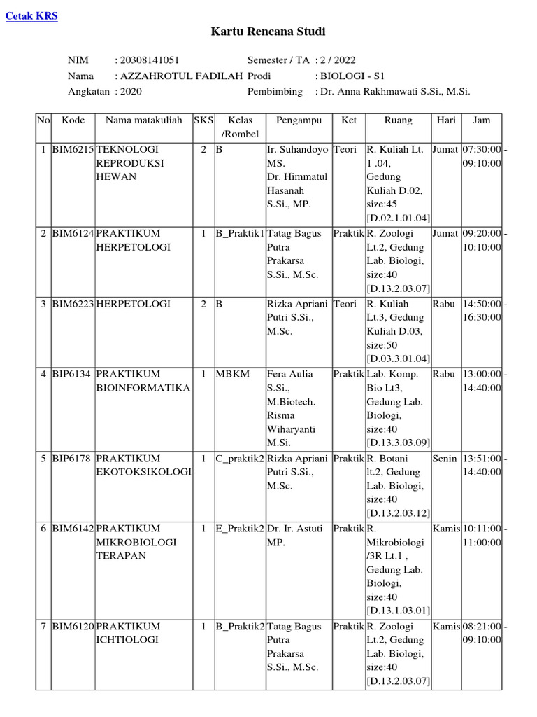 KRS Semester 2 Biologi S1 UNY 2022 | PDF | Sains & Matematika