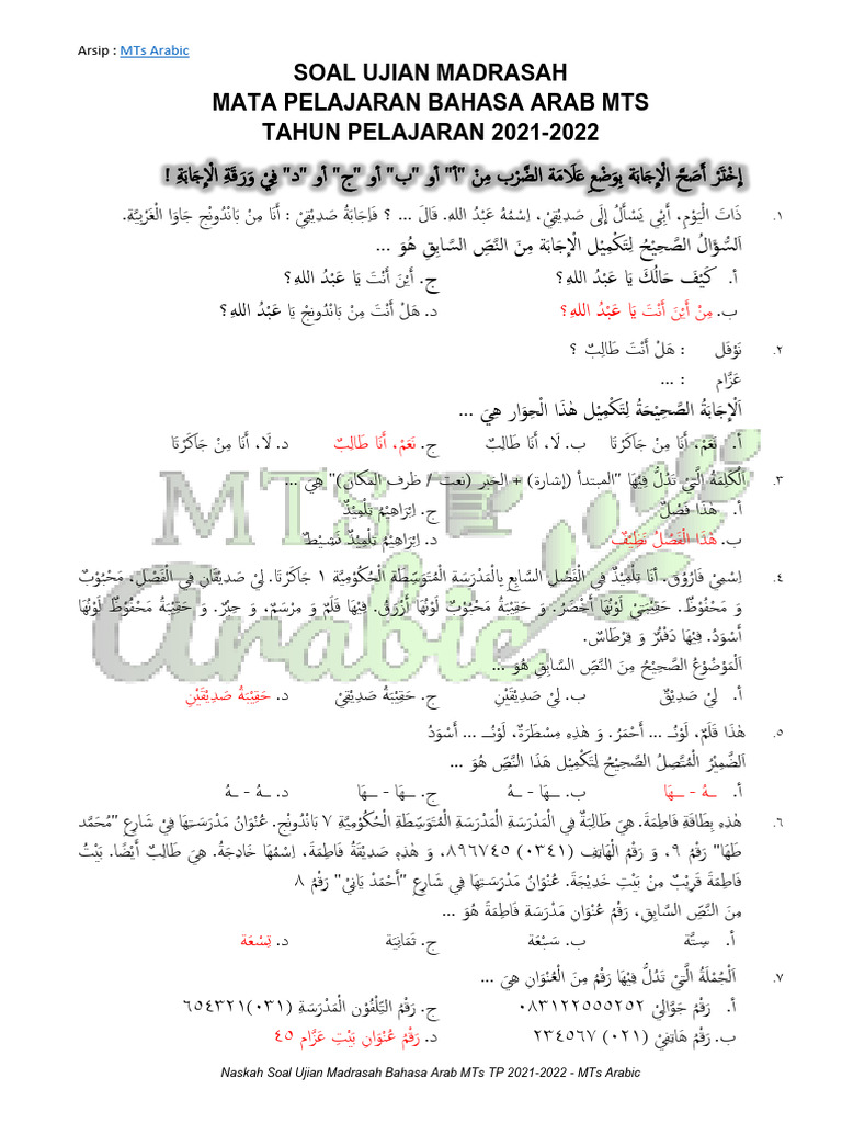 Soal Ujian Madrasah Bahasa Arab MTs TP 2021-2022 - MTs Arabic | PDF