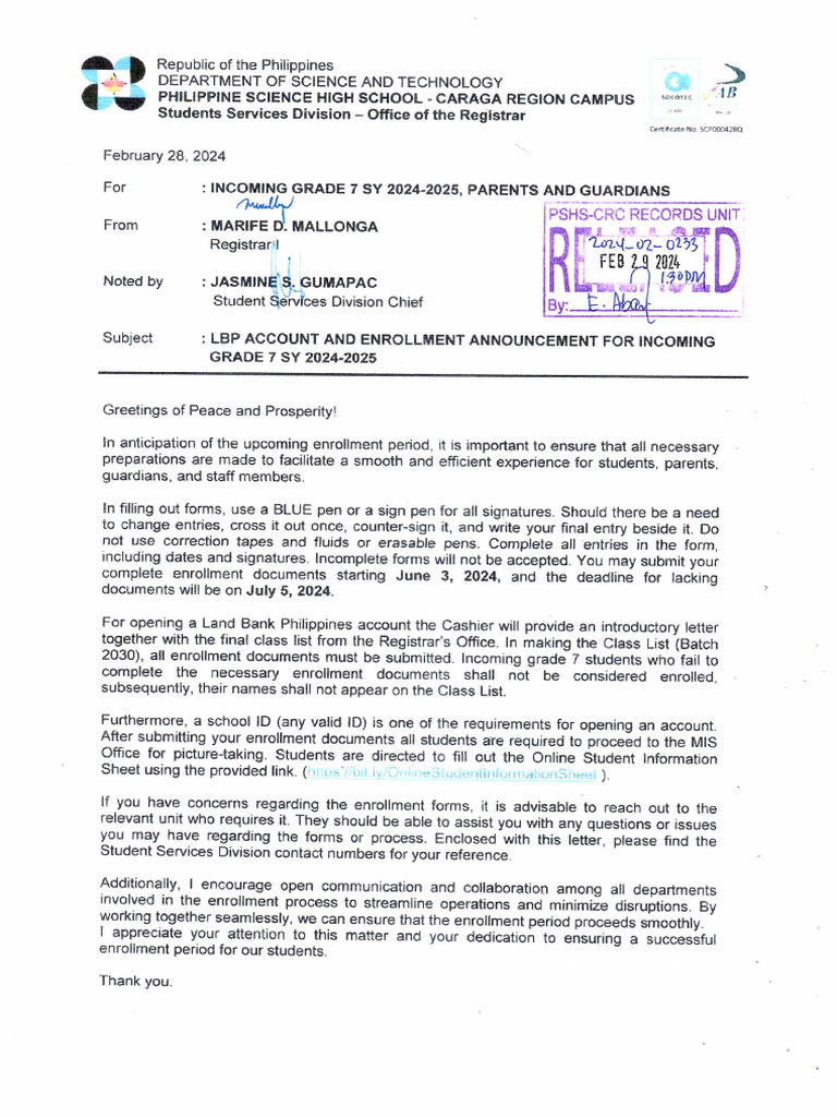 Out 2024-02-0233 LBP Account and Enrollment Announcement | PDF
