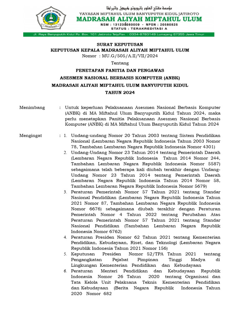 SK Panitia & Pengawas Anbk 2024-2025 | PDF