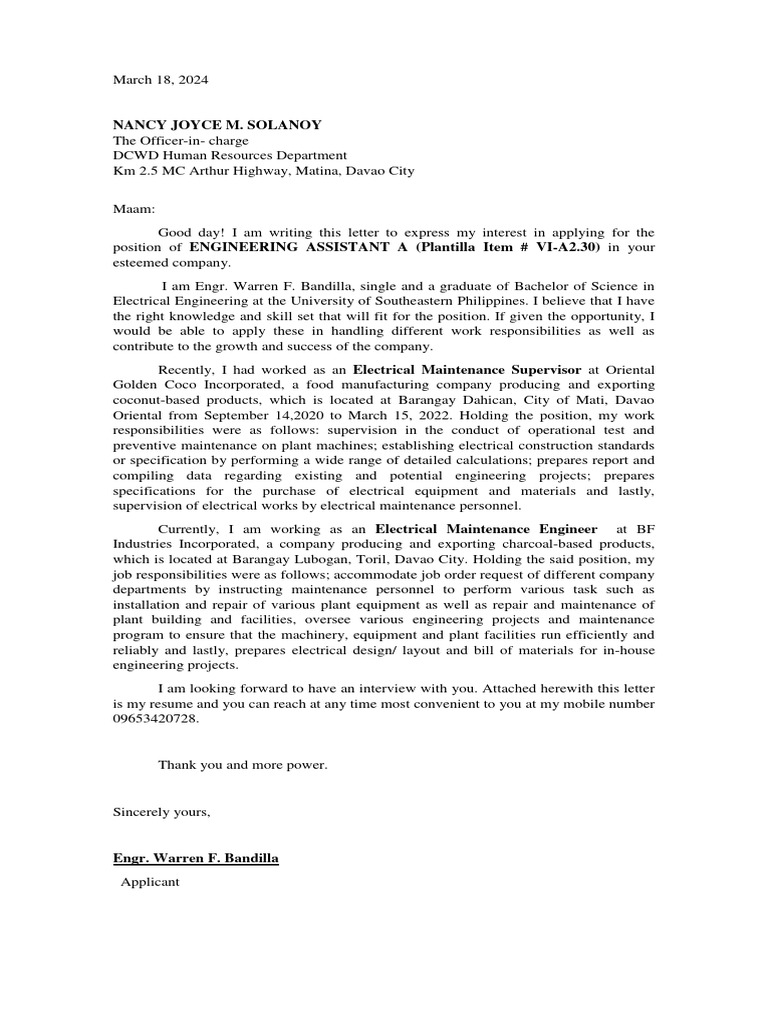 Application Letter DCWD1 | PDF | Engineering