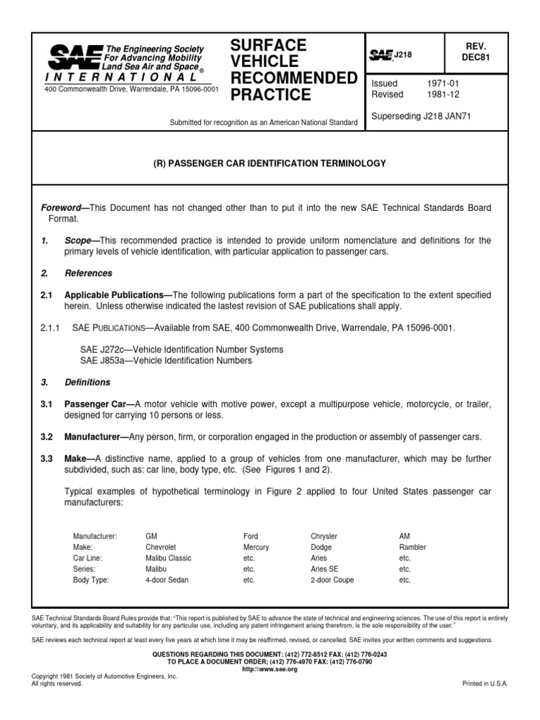 Sae - Passenger Car Identification Terminology | PDF | Vehicle Industry ...
