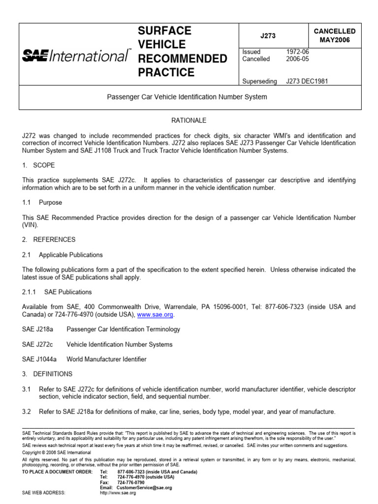 sae - Passenger Car Vehicle Identification Number System | PDF | Vehicles