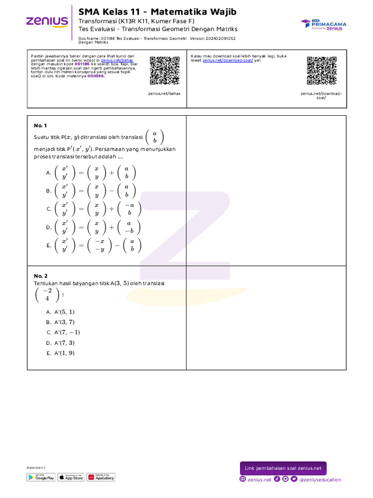 Tes Evaluasi - Transformasi Geometri Dengan Matriks | PDF
