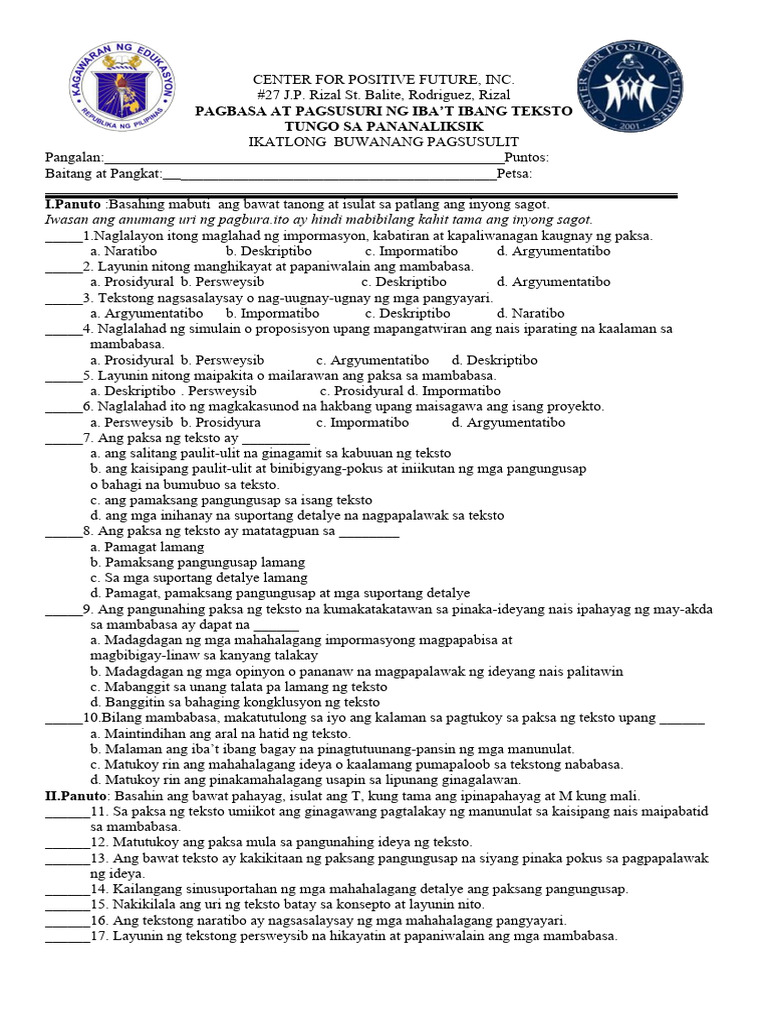 g11 IKATLO BUWANANG Pagsusulit Sa | PDF g11 IKATLO BUWANANG Pagsusulit Sa | PDF