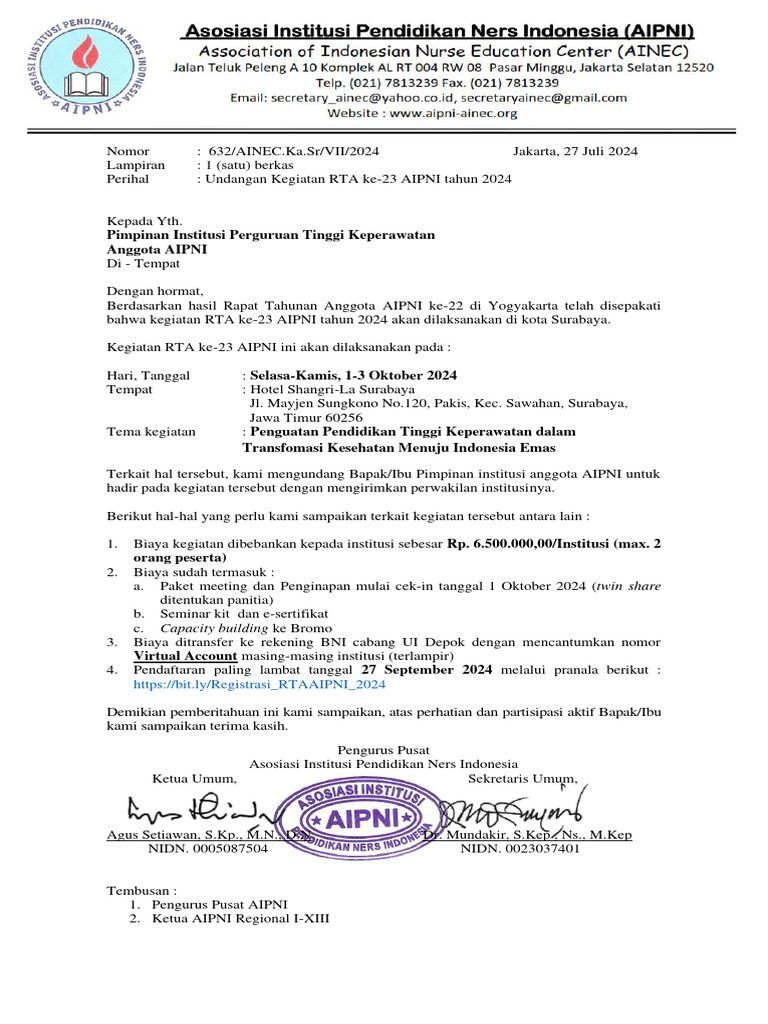 Rev. 632.2024. Undangan RTA AIPNI Ke-23 Tahun 2024 | PDF