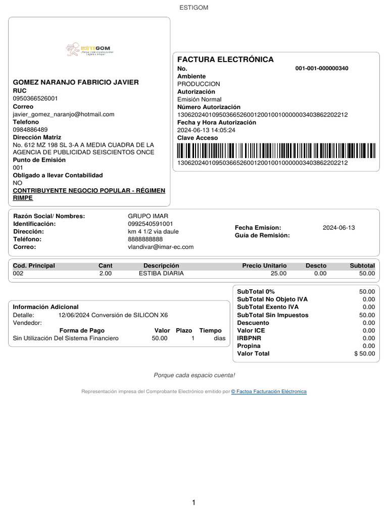 Factura Electronica #340 | PDF | Factura | Pagos