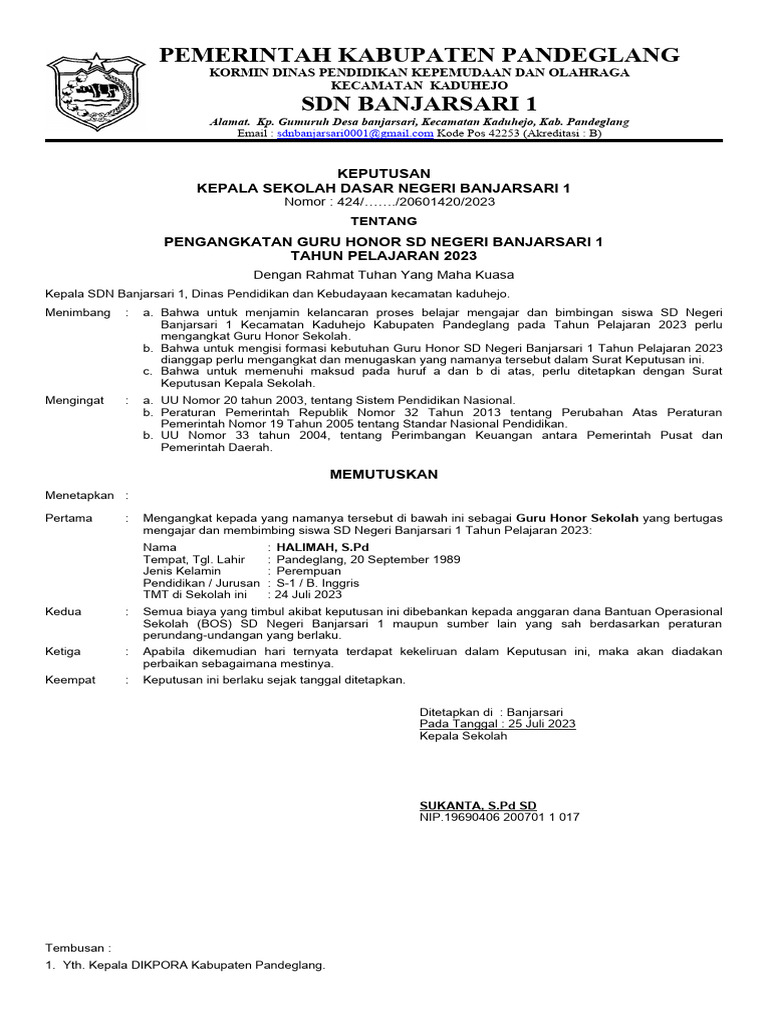 SK Pengangkatan Guru Honorer | PDF