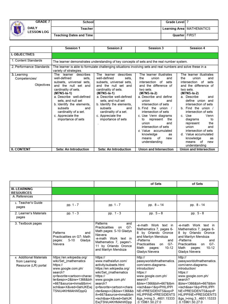 Grade 7 Math Lesson on Sets | PDF | Set (Mathematics) | Empty Set