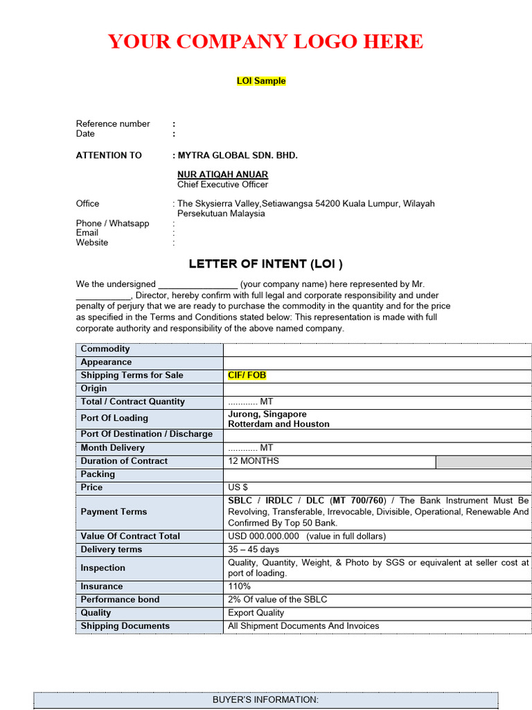 (S) Sample Loi Mytra Global Sdn. BHD | PDF | Business