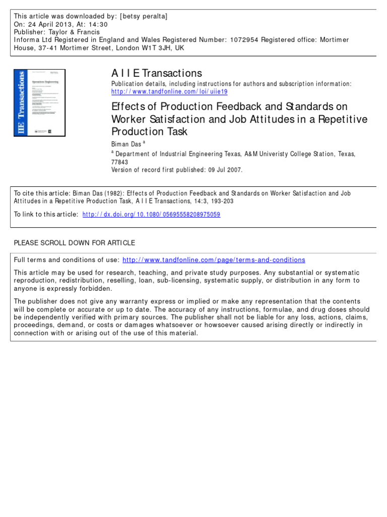 Effects of Production Feedback and Standards On Worker Satisfaction and ...