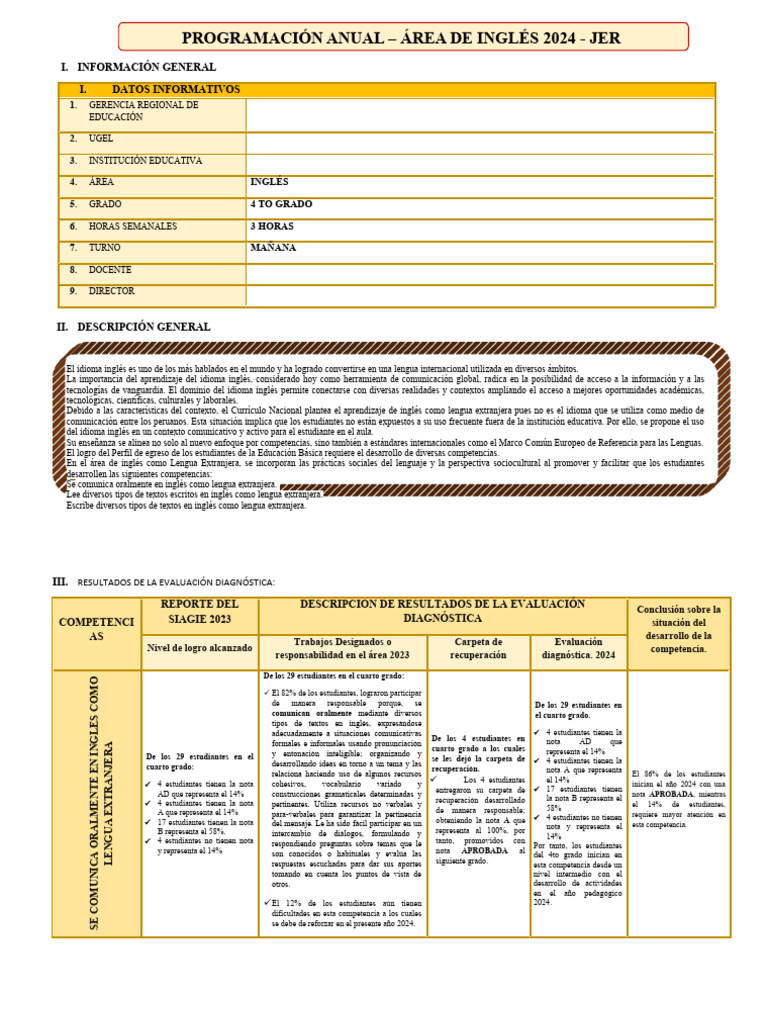 Planificador Anual - 4° Jer - Miss Ayda - 2024 | PDF | Enseñando | Idioma en Inglés