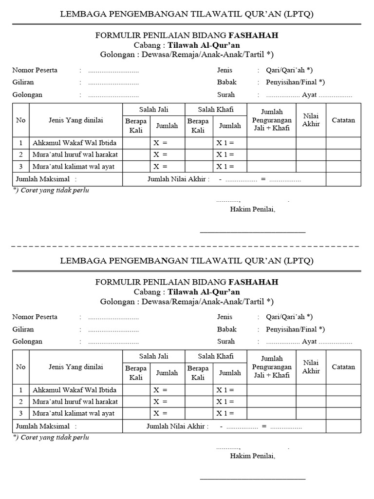 Format Penilaian MTQ Tilawah Al-Qur'an | PDF