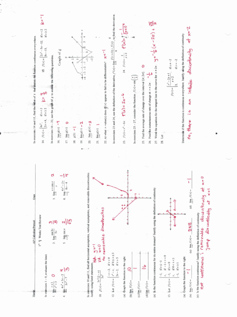 AP Calculus 7 Midterm Review Key | PDF
