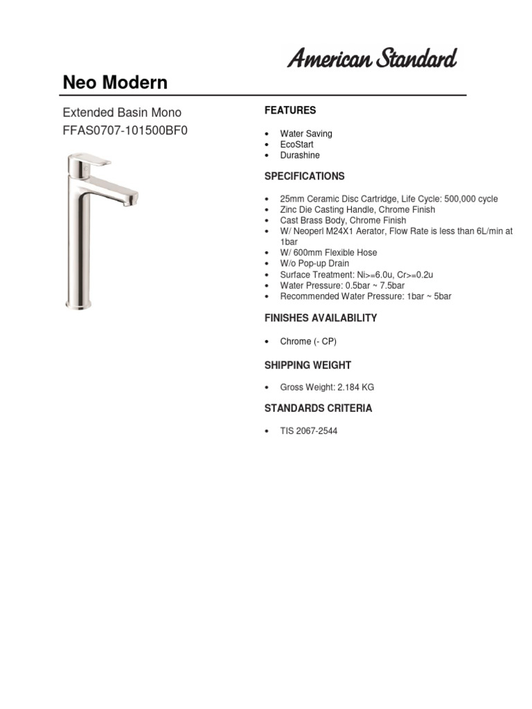 Specification Sheet - Neo Modern Ext Basin Mono - FFAS0707-101500BF0 | PDF