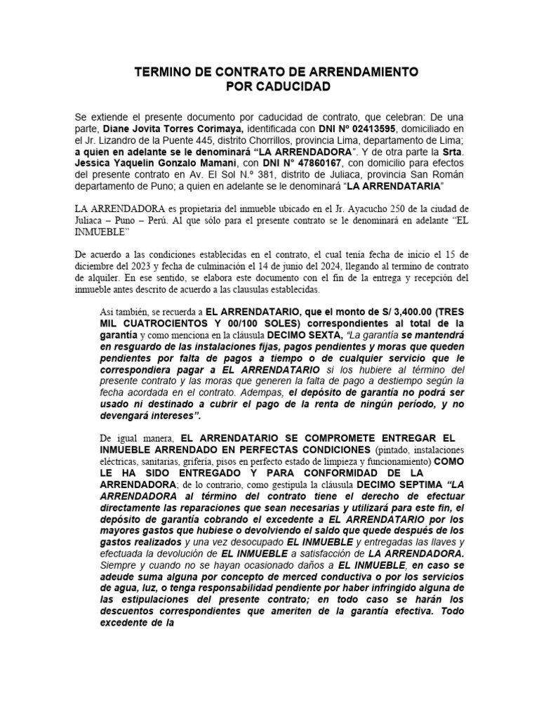 Documento de Termino de Contrato de Arrendamiento | PDF | Finanzas y ...