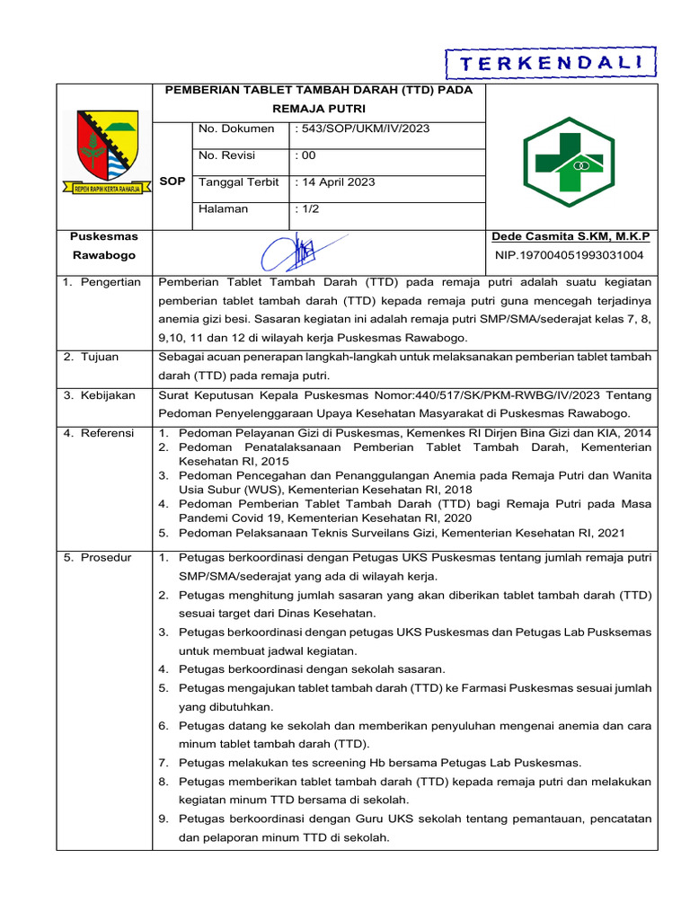 2.6.4.B Sop Pemberian Tablet Fe Pada Remaja Putri Fix | PDF ...