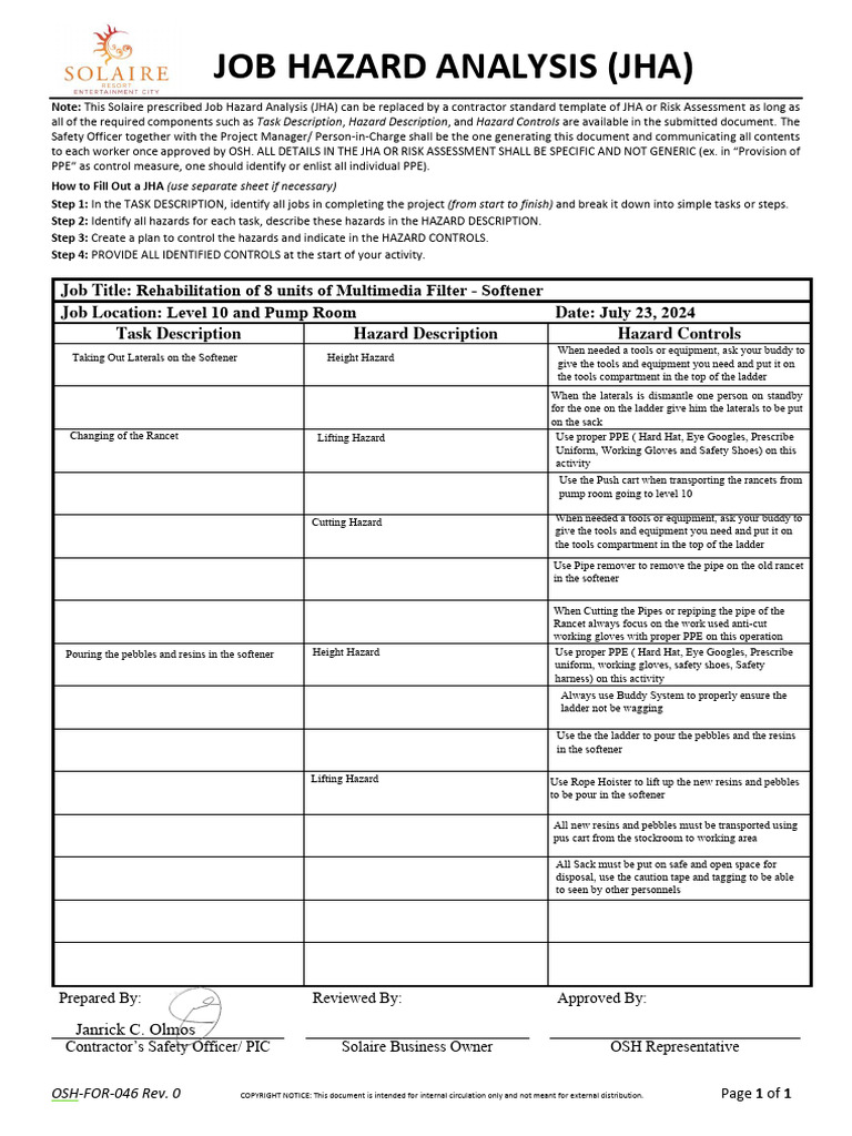 Job Hazard Analysis Form (OSH-For-046 Rev. 0) Blanck Part 2 | PDF ...