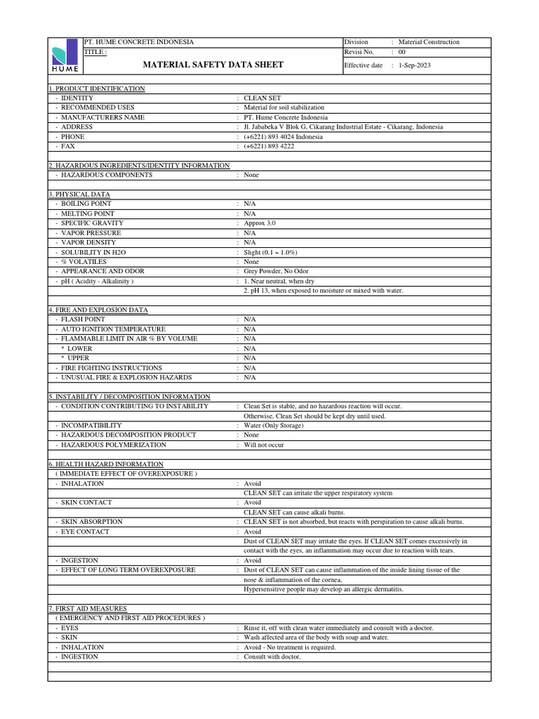 Material Safety Data Sheet of Cleanset | PDF | Water | Waste