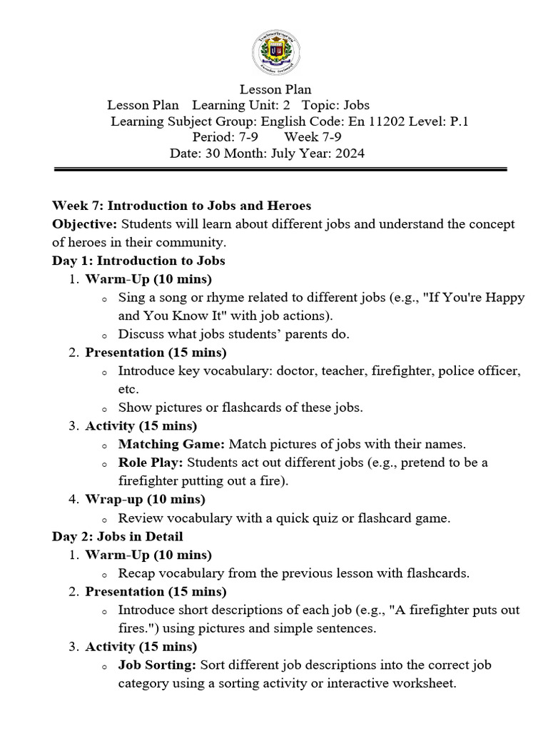 Lesson Plan MEP 7-9 Weeks | PDF | Lesson Plan | Vocabulary