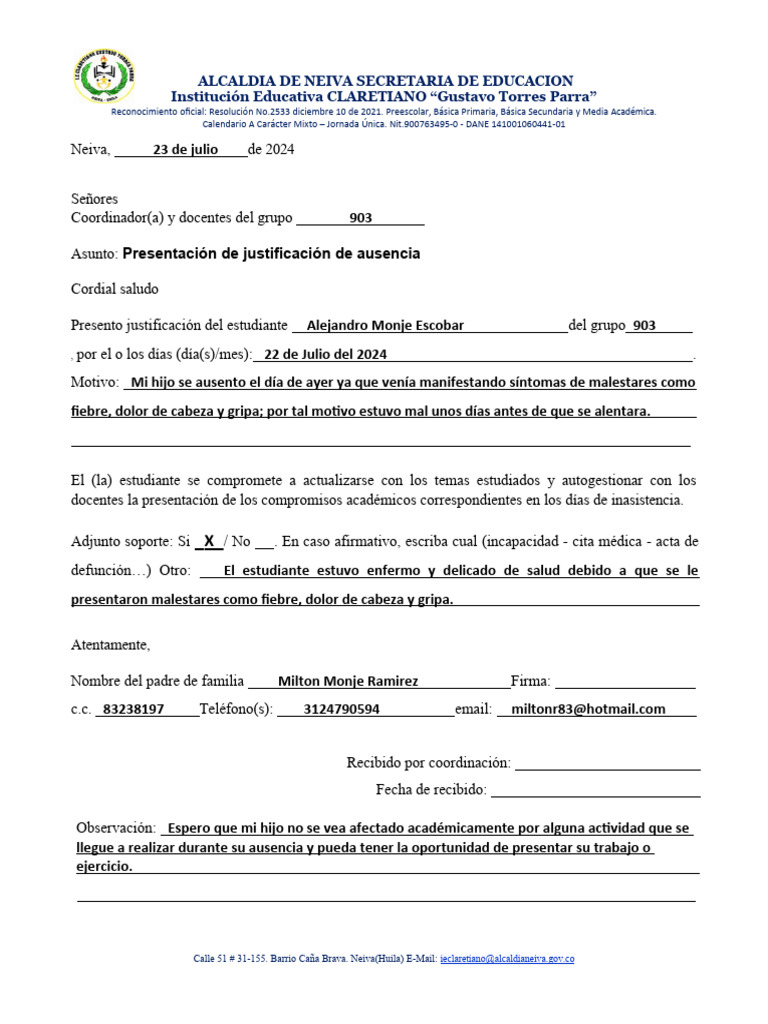 Justificación Ausencia Estudiante 903 | PDF