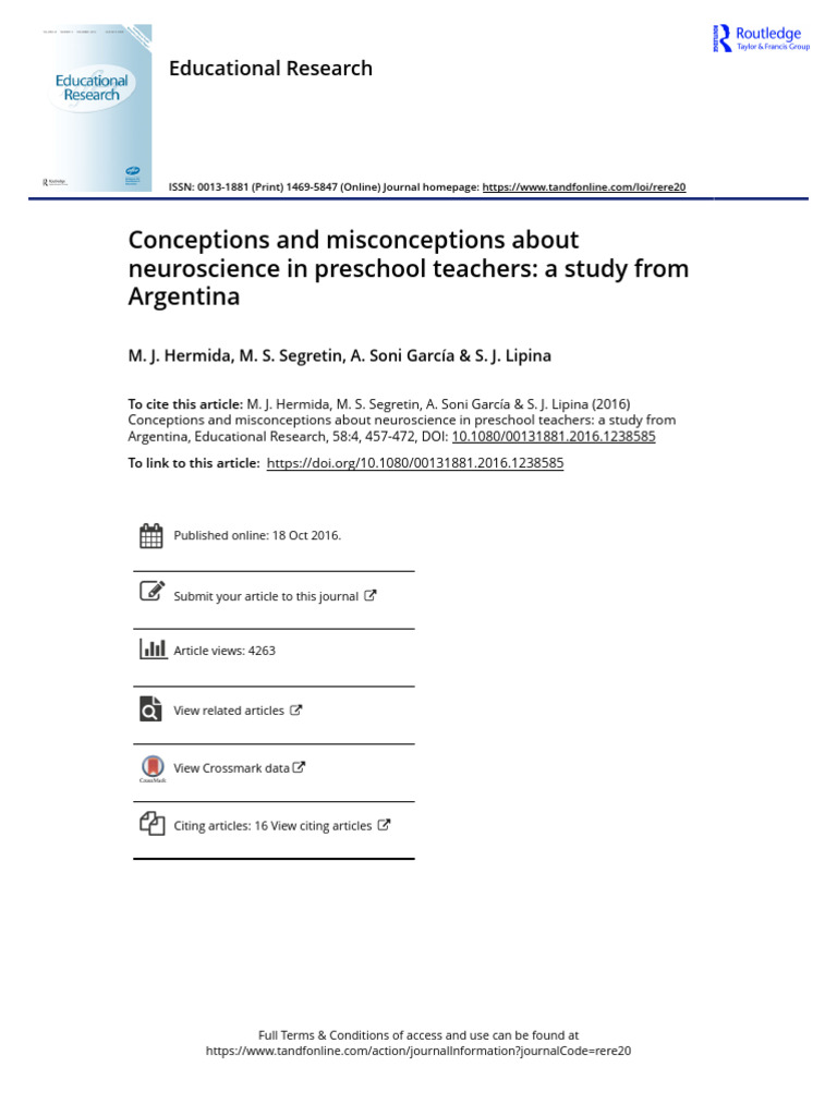 Conceptions and Misconceptions About Neuroscience in Preschool Teachers A Study From Argentina ...