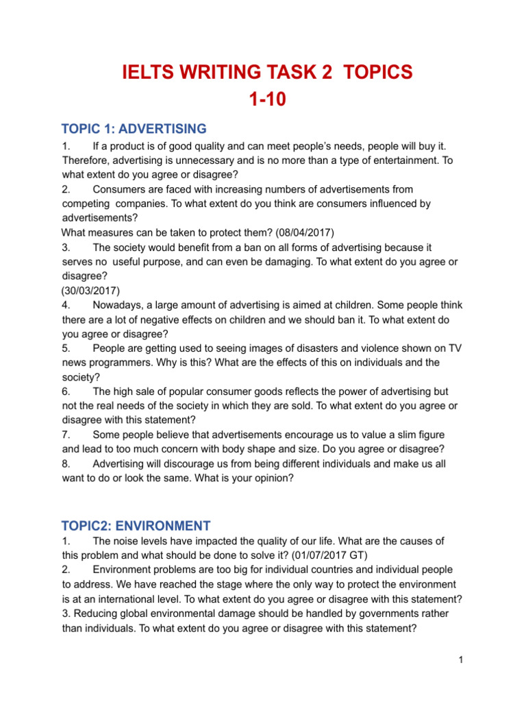 IELTS WRITING TASK 2 TOPICS 1 đã chuyển đổi 1 | PDF | Teachers ...
