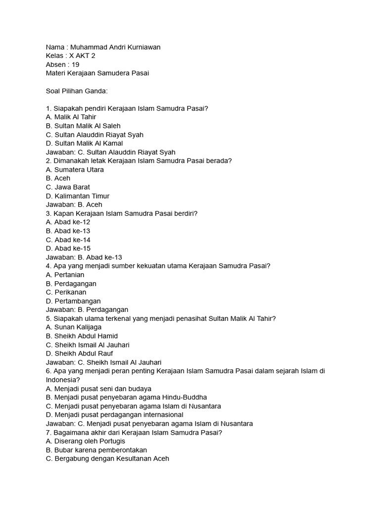 Muhammad Andri Kurniawan Soal Pilihan Ganda Samudera Pasai | PDF