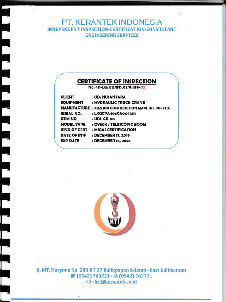 Certifcate of Inspection Kerantek Crane 50T OREN | PDF