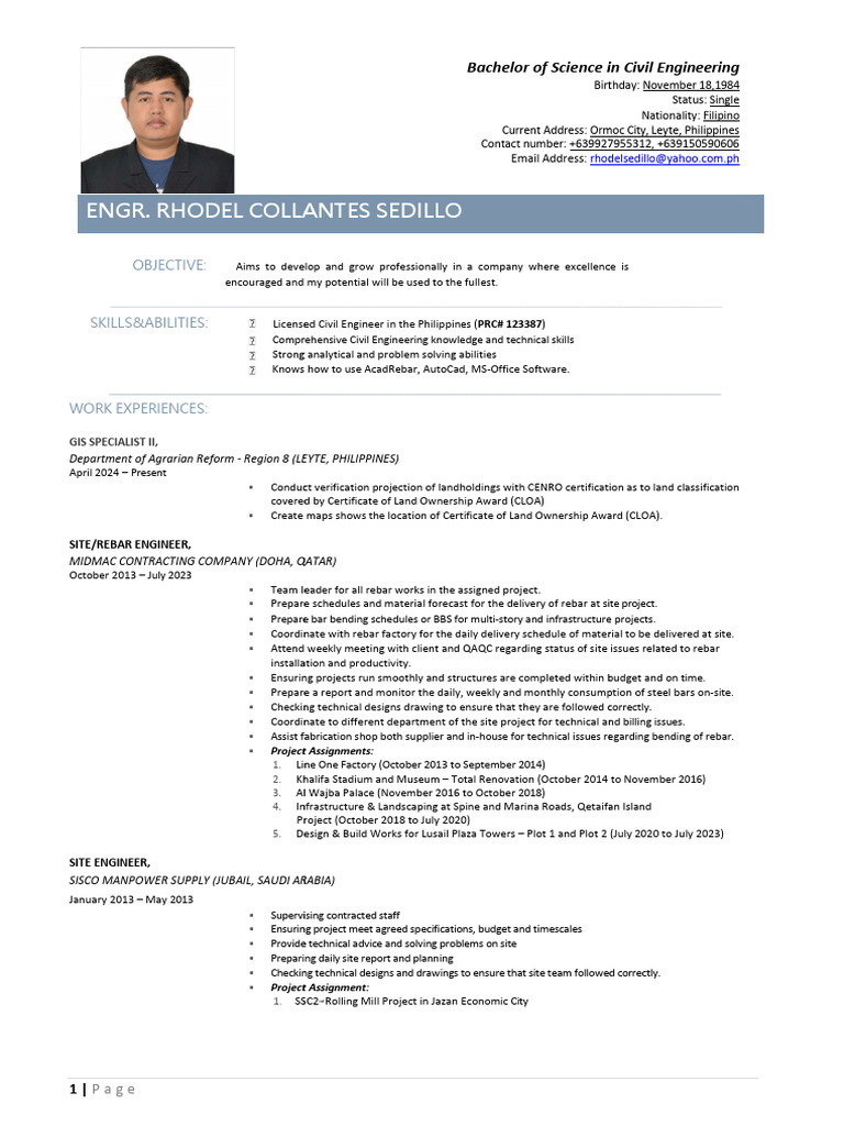 Rhodel Sedillo - Civil Engineer | PDF | Engineering