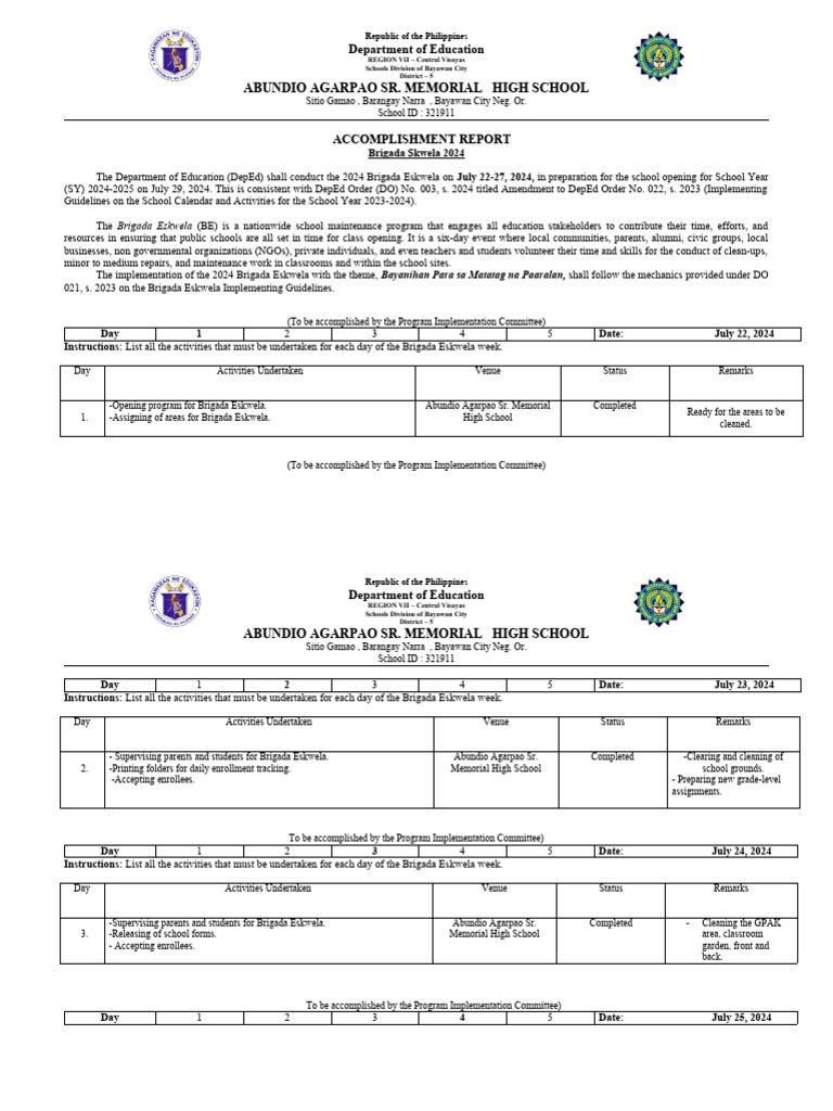 Accomplishment Report Brigada | PDF