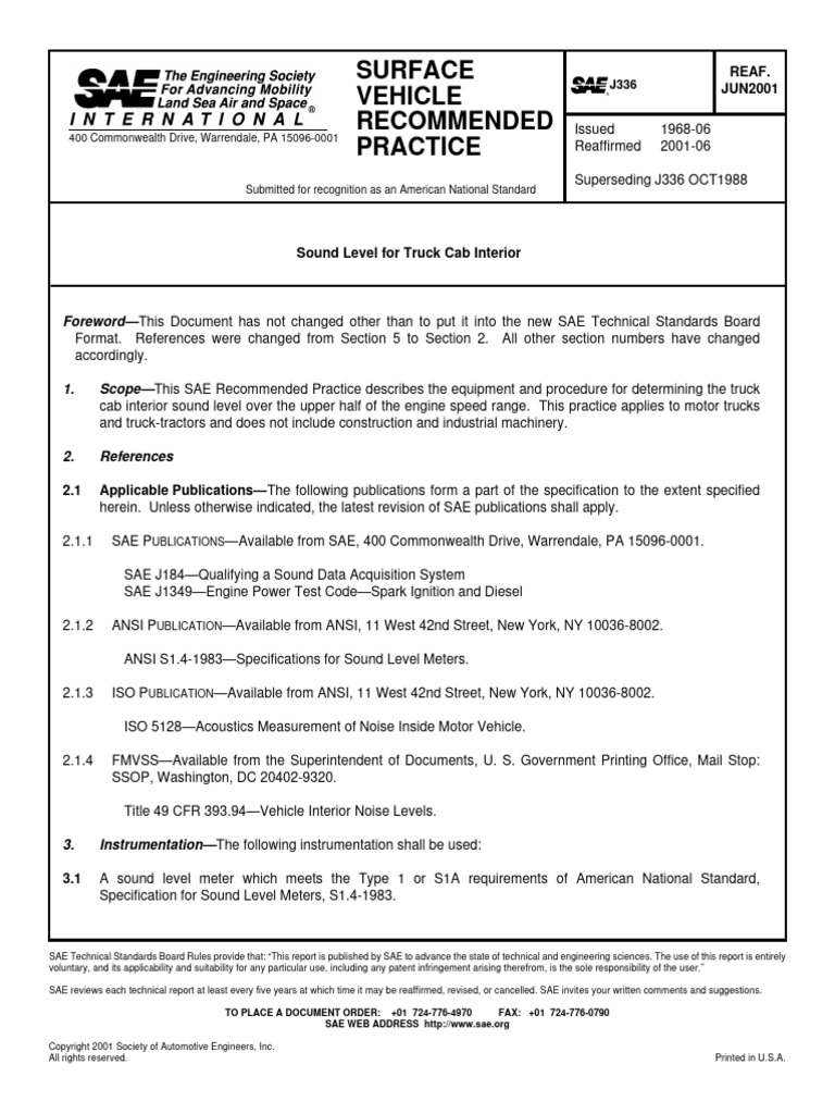 Sae - Sound Level For Truck Cab Interior | PDF | Calibration | Truck