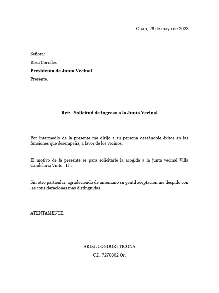 Solicitud de ingreso a Junta Vecinal | PDF