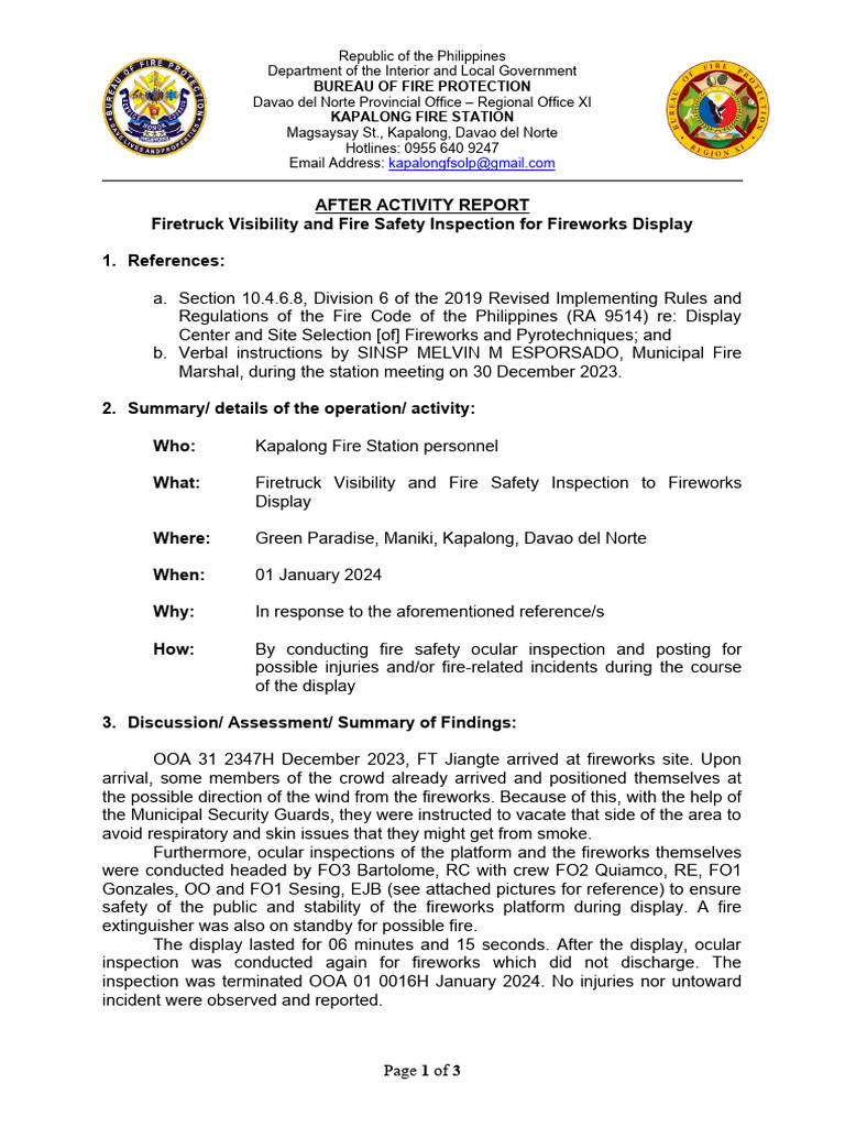 01 January 2024 - FT Visibility and Fireworks Inspection - AAR | PDF ...