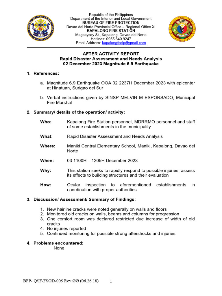 03 December 2023 - M7.6 Earthquake - RDANA - AAR PART 3 | PDF ...