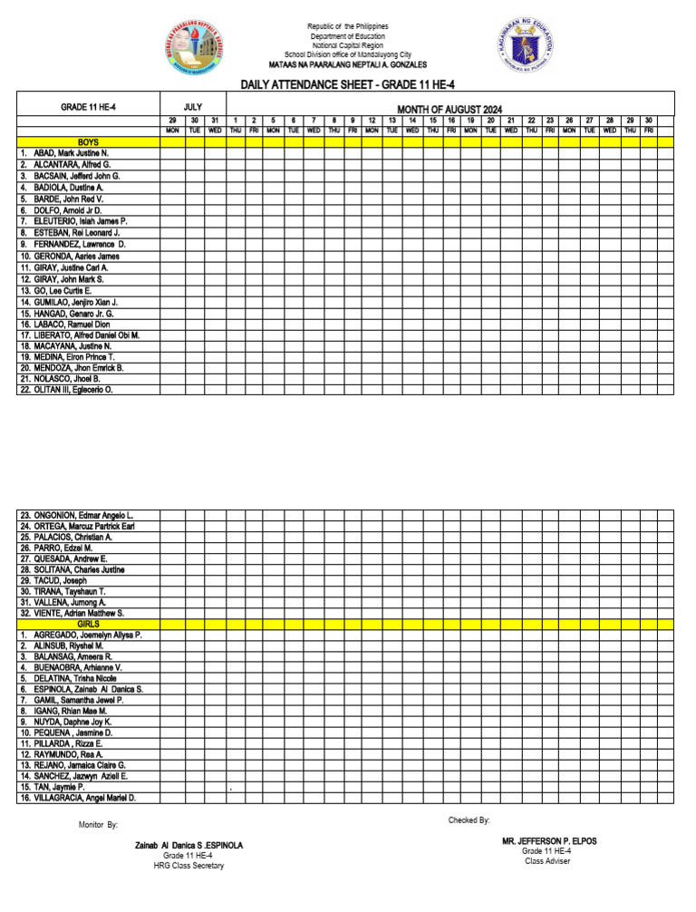 Daily Attendance Sheet He4 | PDF